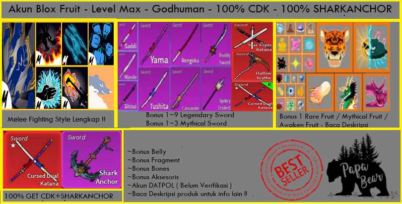 SHARK ANCHOR - GH - CDK - SG - RAINBOW HAKI - TERROR JAW - Race V3 - Blox Fruit Account - Level 2550