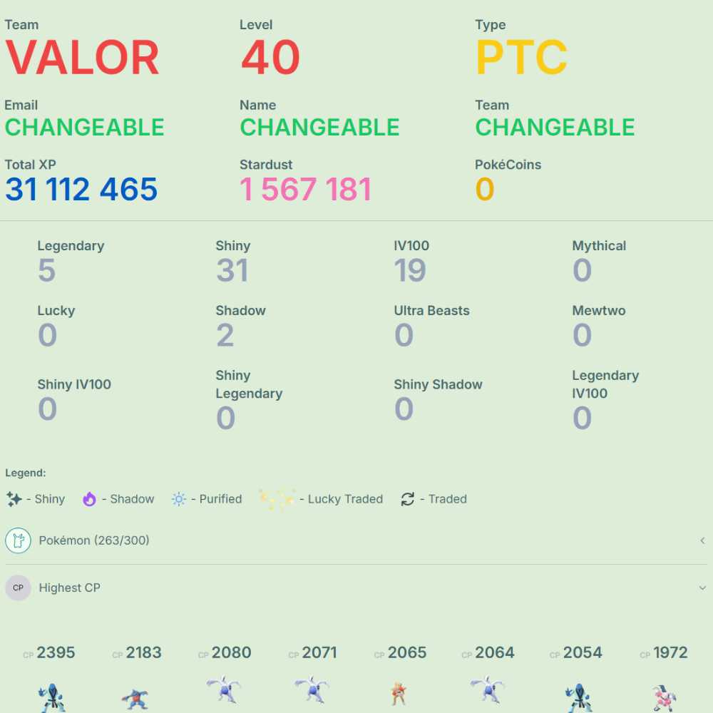 Prime Level 40, 2x Shadow Legendary Suicune, 31x Shiny, 19x IV100, 5x ...