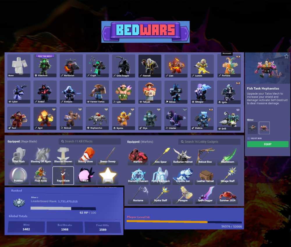 BedWars |WIN-1462 [Lvl.56] + 26 KITS [Elektra, Hephaestus + Skin] + 16 Lobby Gadget + 11 Kill ...