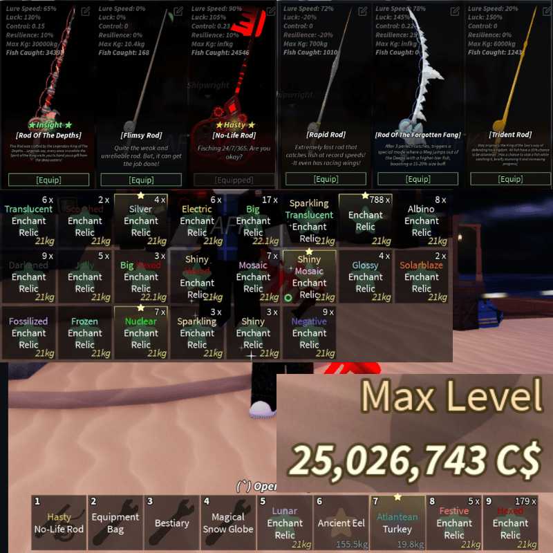 SALEID424Fisch: Level 750 Max 25M C$ X2 Exp - 180x Hexed Relic - Rod of ...