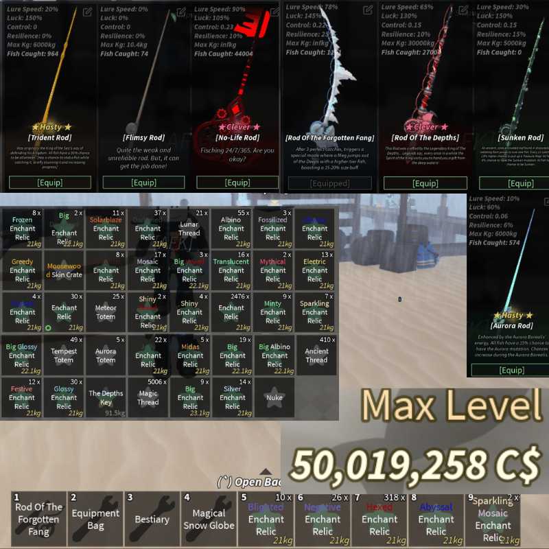 SALEID508Fisch: Level 750 Max 50M C$ - 323x Hexed Relic - Rod of the ...