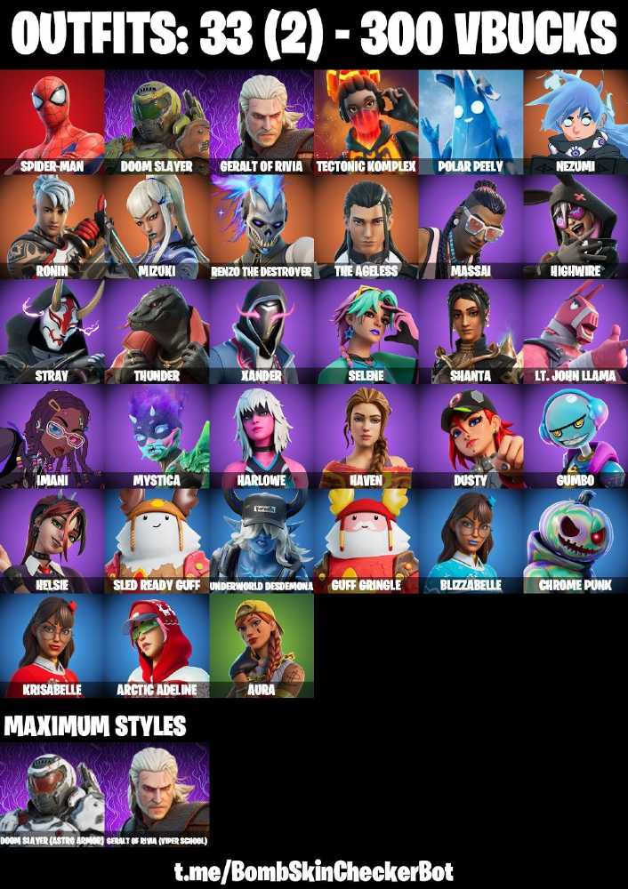 PC/PSN/XBOX 33 SKINS Spider Man , Polar Peely , Highwire , Mizuki ...