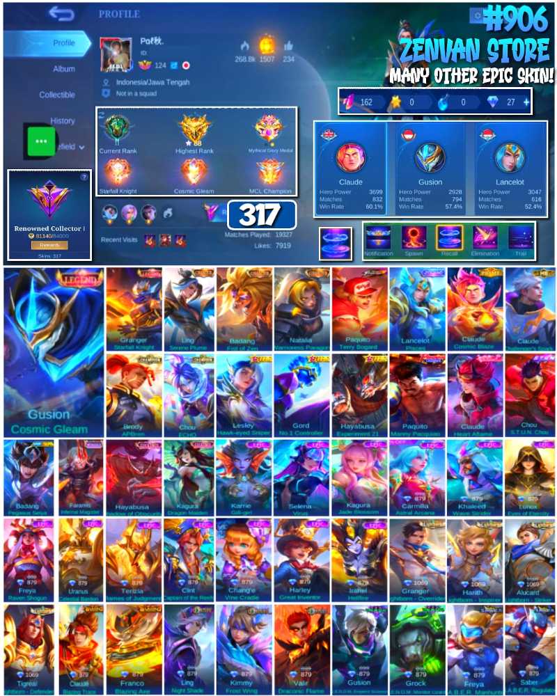 #906 317 Skin ⭐ Legend Gusion,Granger Collector Ling, Badang, Natalia ...