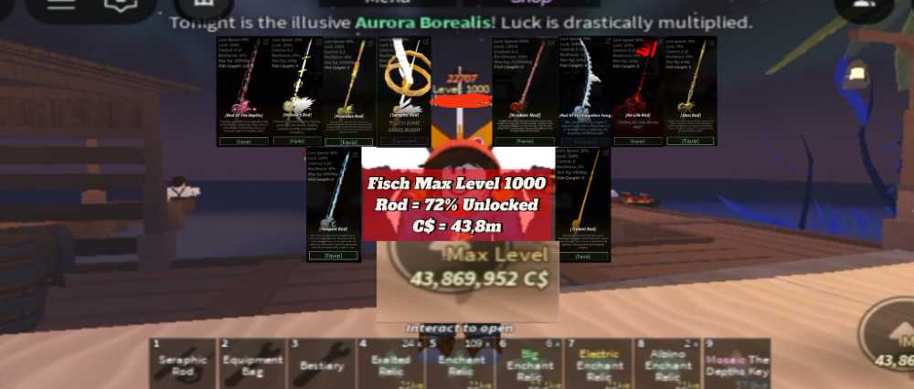 Fisch - Max Level 1000 - 72% rod unlocked - 43,8m C$ - Seraphic Rod ...