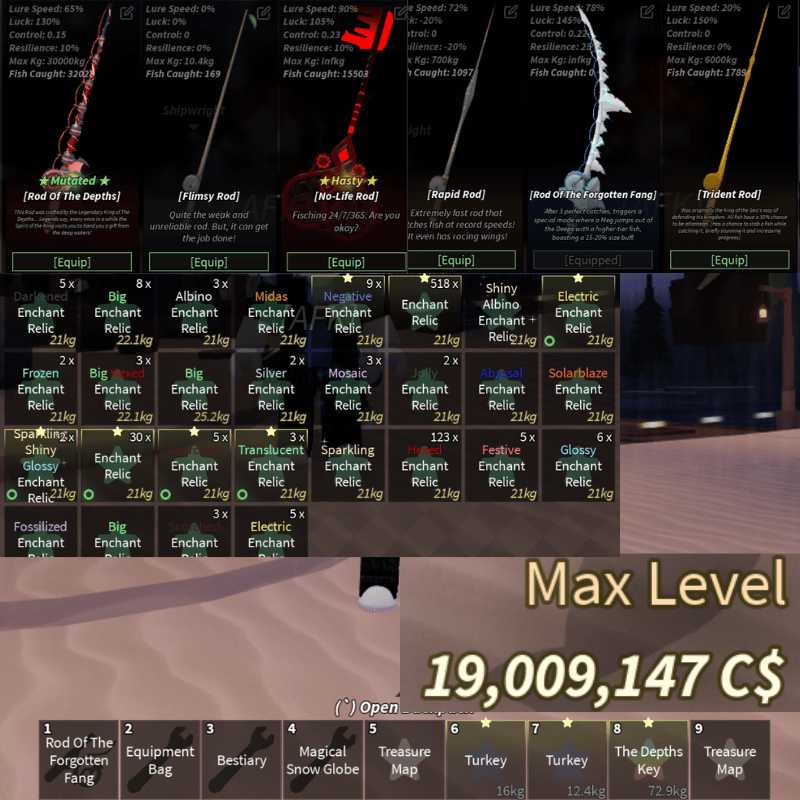 SALEID379Fisch: Level 750 Max 19M C$ X2 Exp - 126x Hexed Relic - Rod of ...