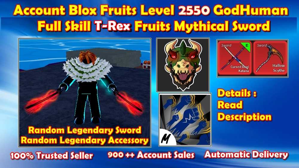 Blox Fruit Level 2550 GodHuman Full Skill T-Rex Fruits Cursed Dual ...