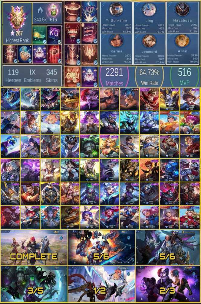 267 Stars Highest Rank| 65-70% Winrate Heroes| Epic Recall| 345 Skins