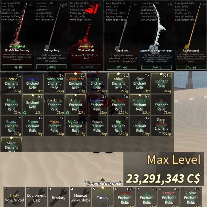 SALEID397Fisch: Level 750 Max 23M2 C$ X2 Exp - 159x Hexed Relic - Rod ...