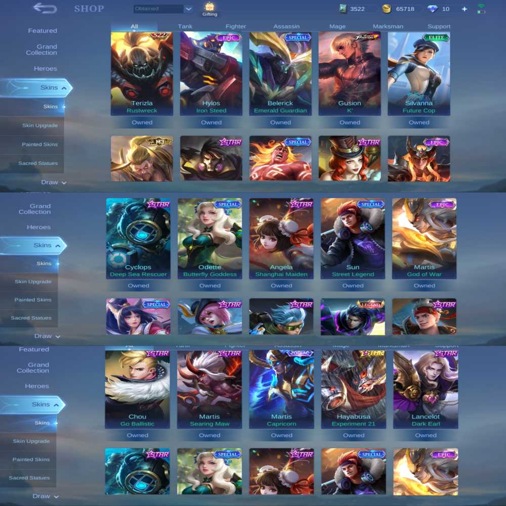 ALL GUSION SKINS Mobile Legends Account. Max Emblem. All Heroes. 344 ...