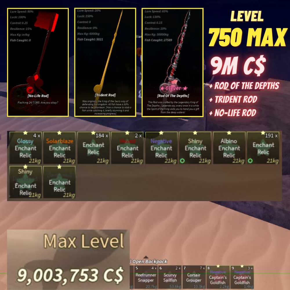 [Fisch] ID21: Level 750 Max 9M C$ - No-Life Rod, Rod of the Depths ...
