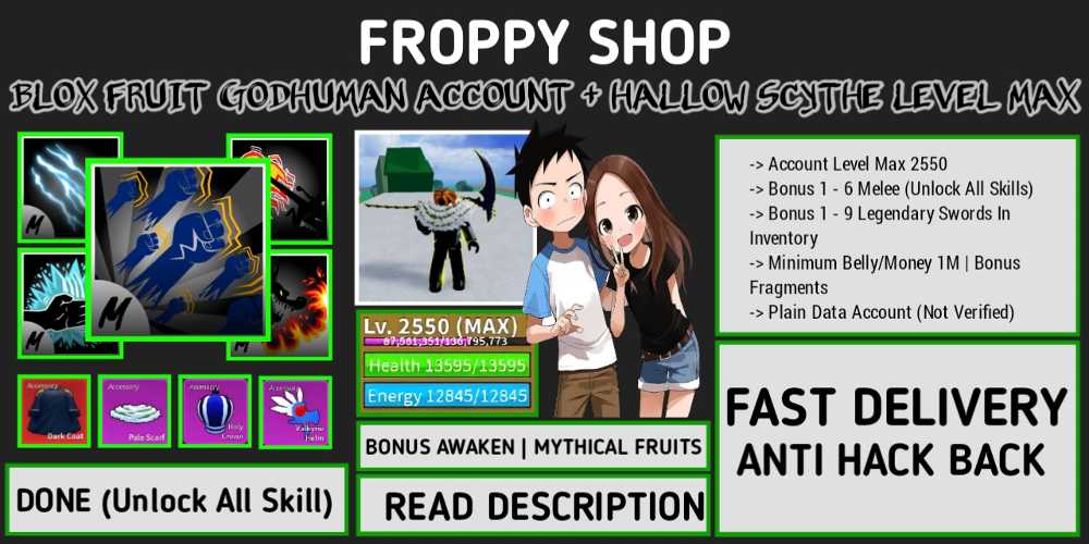 [Instan Delivery] Blox Fruit Account Level 2550 [MAX], GODHUMAN, with all skills unlocked