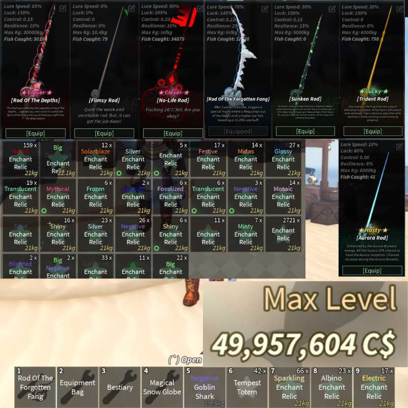 SALEID489Fisch: Level 750 Max 49M C$ - 159x Hexed Relic - Rod of the ...