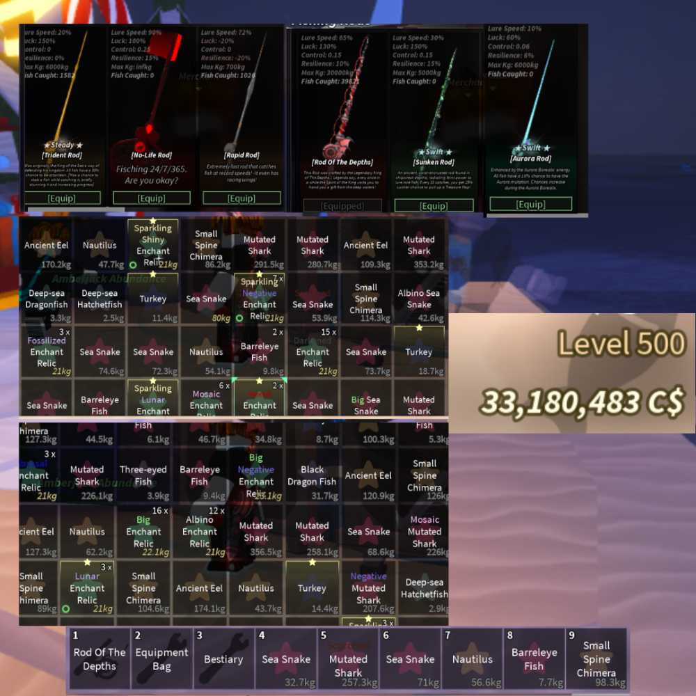 ID 69Fisch: Level 500 - 33m C$ - ,-No life-Rod--Trident rod- Rod of the ...