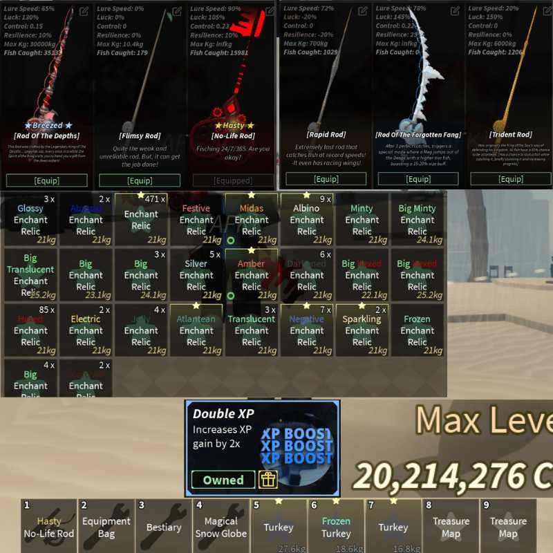 SALEID339Fisch: Level 750 Max 20M C$ X2 Exp - 85x Hexed Relic - Rod of ...