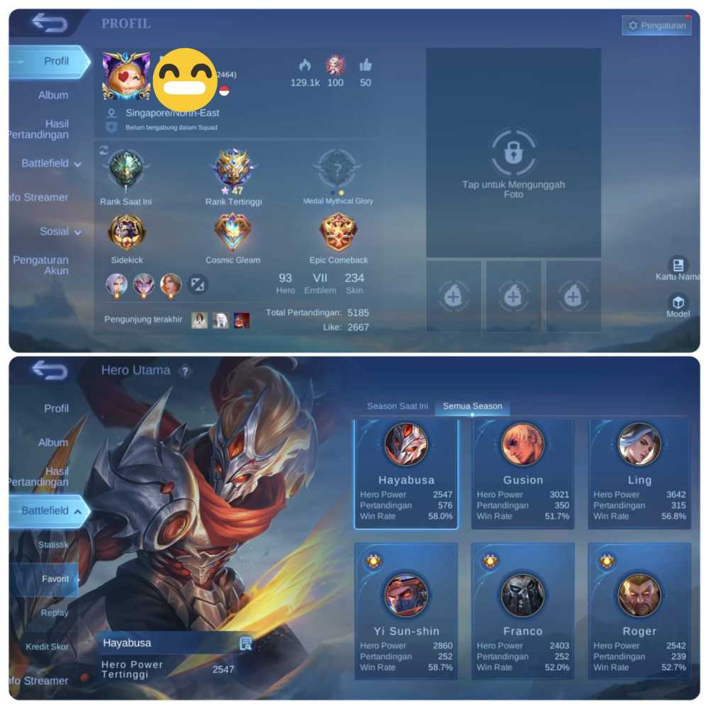 234 Skins. 1 Legend. 3 Collector (Ling, Yss, Gusion). 5 KOF. 5 Epic limited