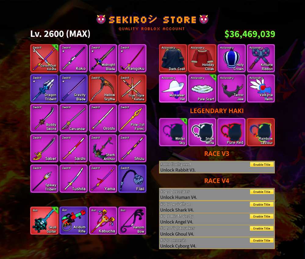 Blox Fruit | Holiday Cloak + Dark Coat + 5 Race V4 + All Melee V2 + Control [Lvl.400] + CDK+HS ...