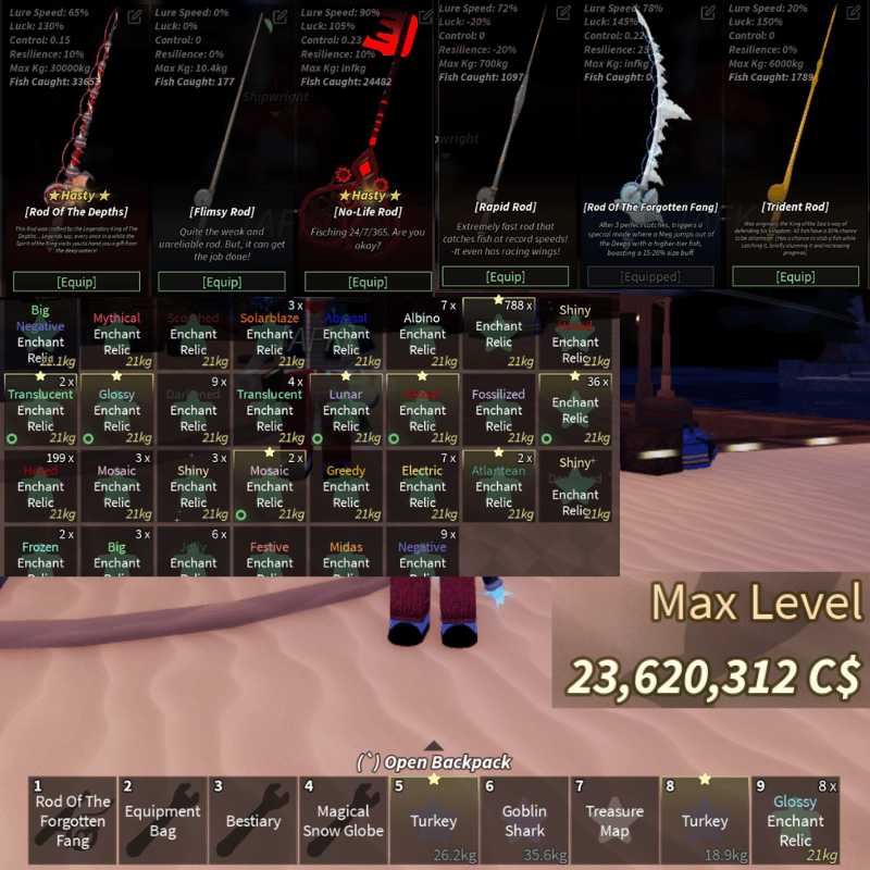 SALEID376Fisch: Level 750 Max 23M C$ X2 Exp - 200x Hexed Relic - Rod of ...