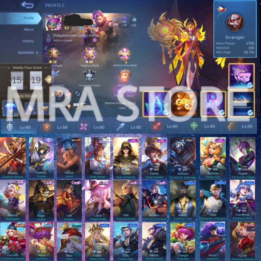 [Mobile Legends Account] 78 Heros | 112 skins | collector pharsa ...