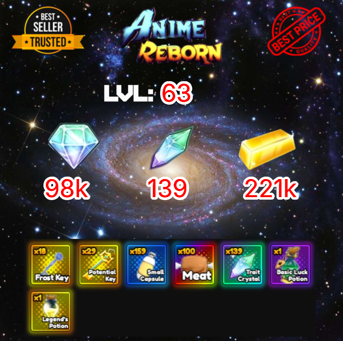 [Auto Delivery]ID 527 - Lv63 - 98K Gems, 139 Traits Crystal,Anime Reborn