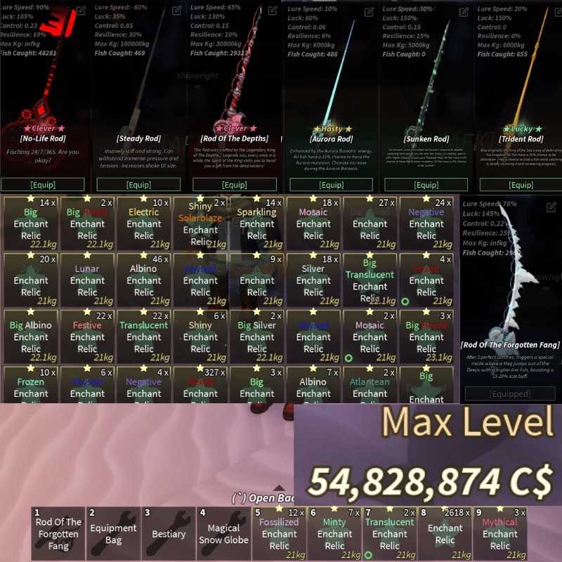SALEID546Fisch: Level 750 Max 54M C$ - 336x Hexed Relic - Rod of the ...