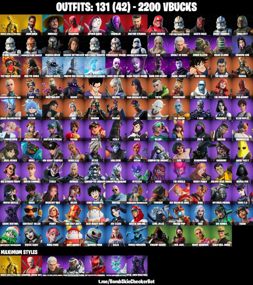 PC/PSN/XBOX/NINTENDO 131 SKINS MIDAS DEADPOOL GOHAN GOKU SITH TROOPER ...