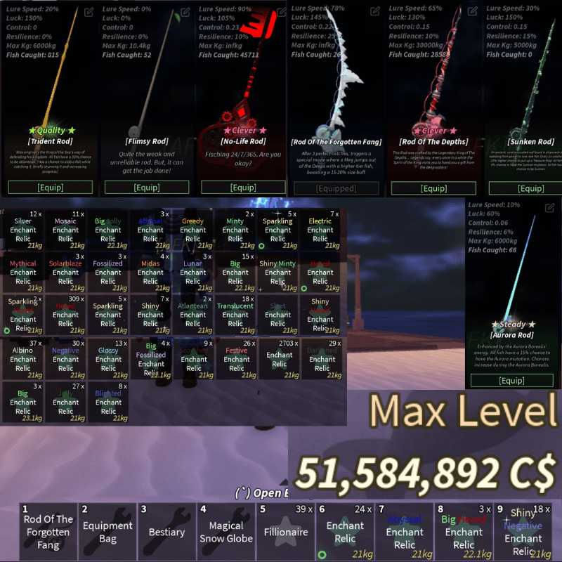 SALEID511Fisch: Level 750 Max 51M C$ - 313x Hexed Relic - Rod of the ...