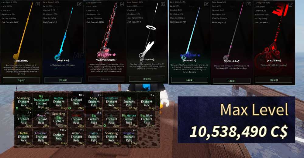 Fisch: Level 750 Max 10m C$ Rod Of The Depths, Destiny, Aurora Rod ...