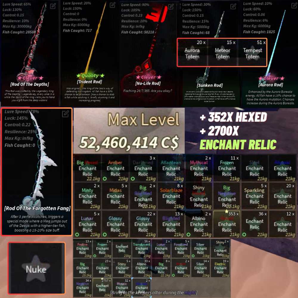 [Fisch] ID166: Level 750 Max 52M C$ - 20x Aurora Totem, 352x Hexed ...