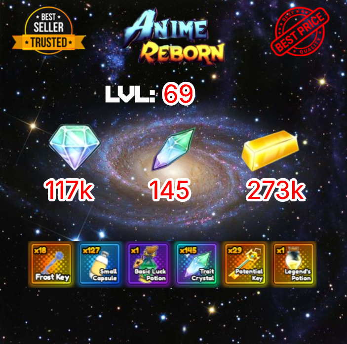 [Auto Delivery]ID 537 - Lv69 - 117K Gems, 145 Traits Crystal,Anime Reborn