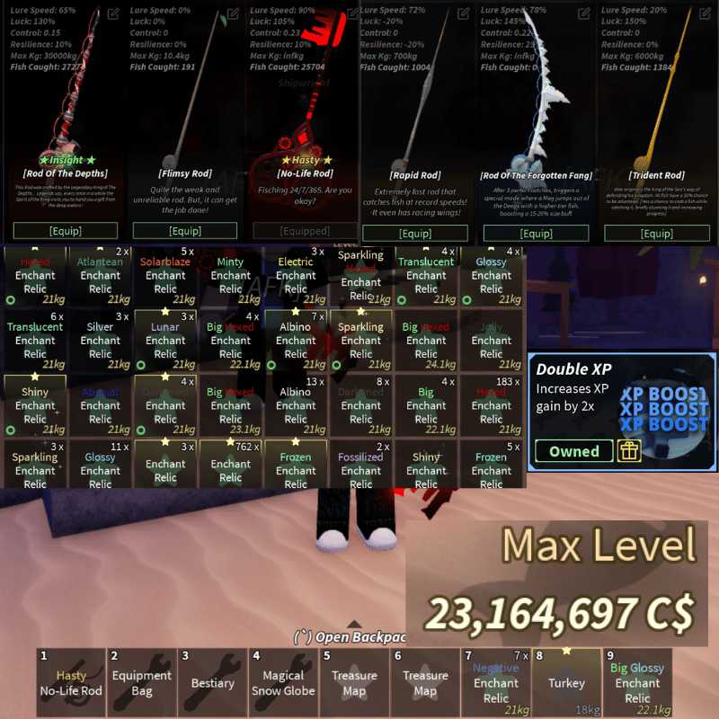 SALEID288Fisch: Level 750 Max 23M1 C$ X2 Exp - 185x Hexed Relic - Rod ...