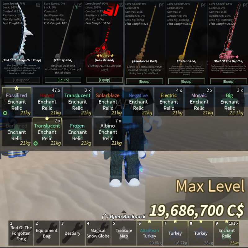 SALEID359Fisch: Level 750 Max 19M6 C$ X2 Exp - 47x Hexed Relic - Rod of ...