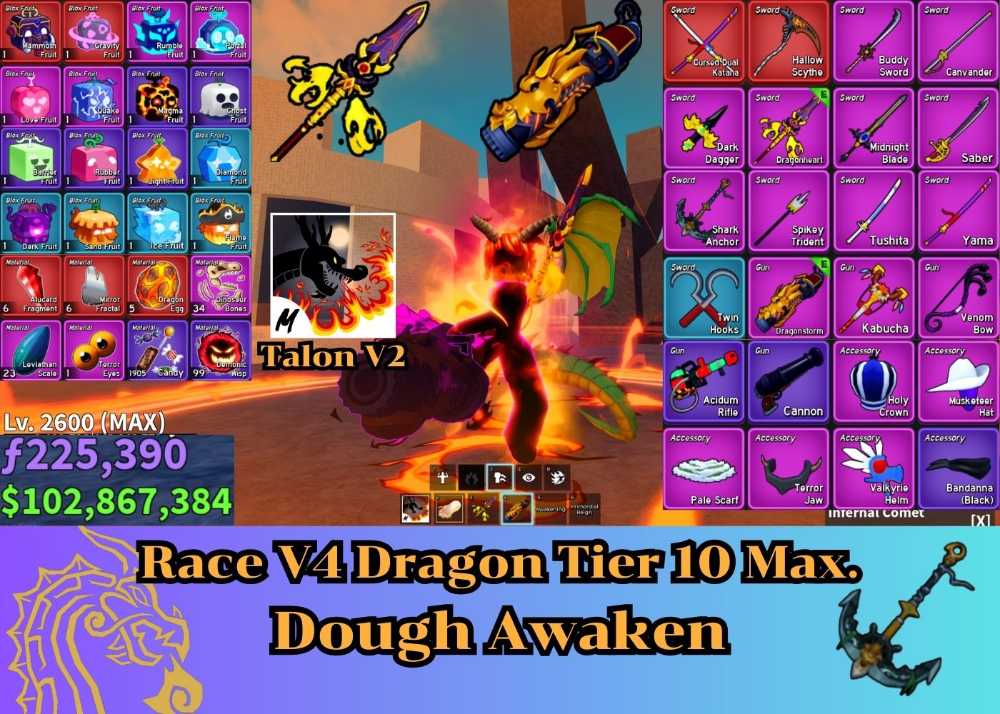 Blox Fruit Lv:2600 Max.Draco V4 Full Tier Max.Dough AwakenTalon V2 ...