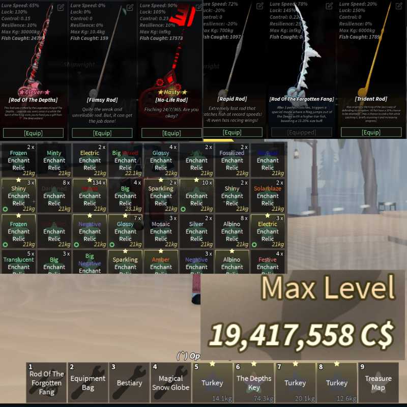 SALEID381Fisch: Level 750 Max 19M4 C$ X2 Exp - 134x Hexed Relic - Rod ...