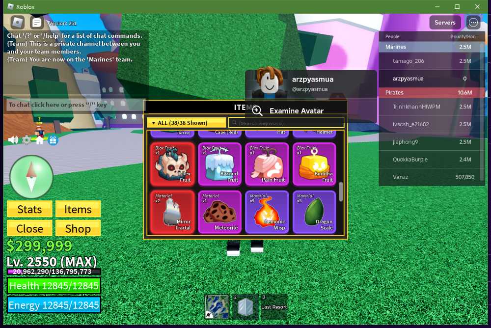 Blox Fruits LV2550+T-Rex Fruit Inventory+Pain Frui