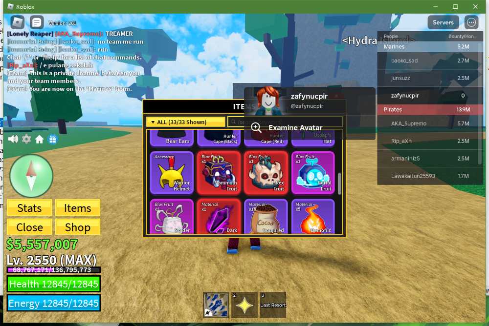 Blox Fruits LV2550+T-Rex Fruit Inventory+Dark