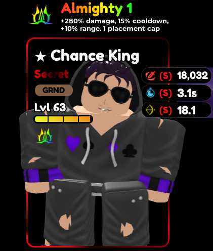 Chance King Almighty Evolved Lvl.63 Secret Hakari Roblox - Anime Defenders