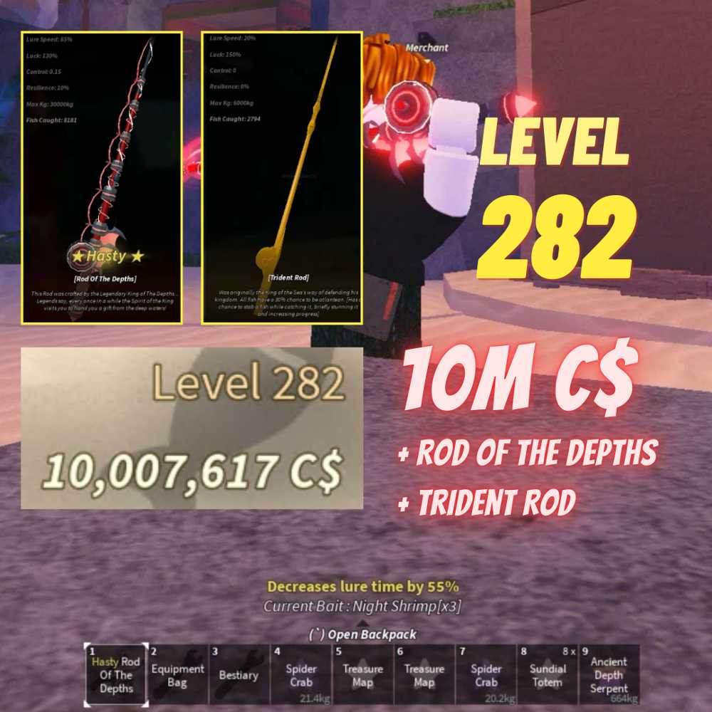 [Fisch] ID16: Level 282 10M C$ - Rod of the Depths, Trident Rod Instant ...