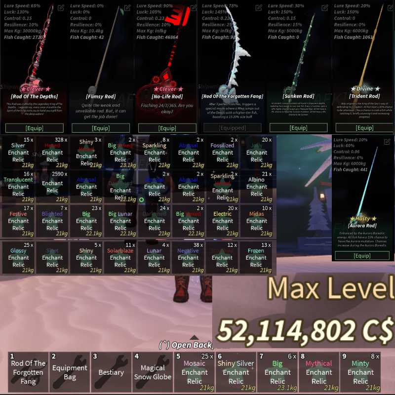 SALEID505Fisch: Level 750 Max 50M C$ - 340x Hexed Relic - Rod of the ...