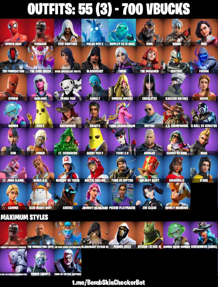 55 SKINS+SPIDER-MAN+KAKASHI+MAYA+CHARLOTTE+KOR+TSUKI 2.0+TOONA FISH ...