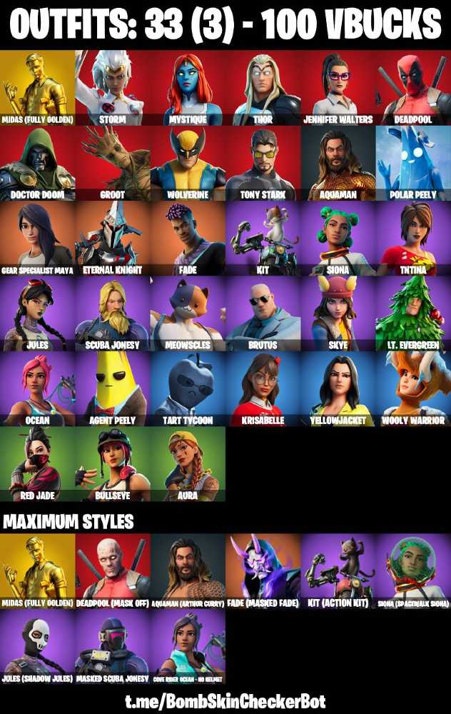 33 SKINS - RAGE - AGENT PEELY - DEADPOOL - MIDAS GOLDEN - MASKED FADE ...