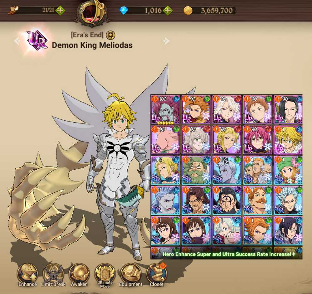 [⭐️GLOBAL⭐️ RANK 2] 1,016 Diamonds + Demon King Meliodas + 10 UR + 16 SSR
