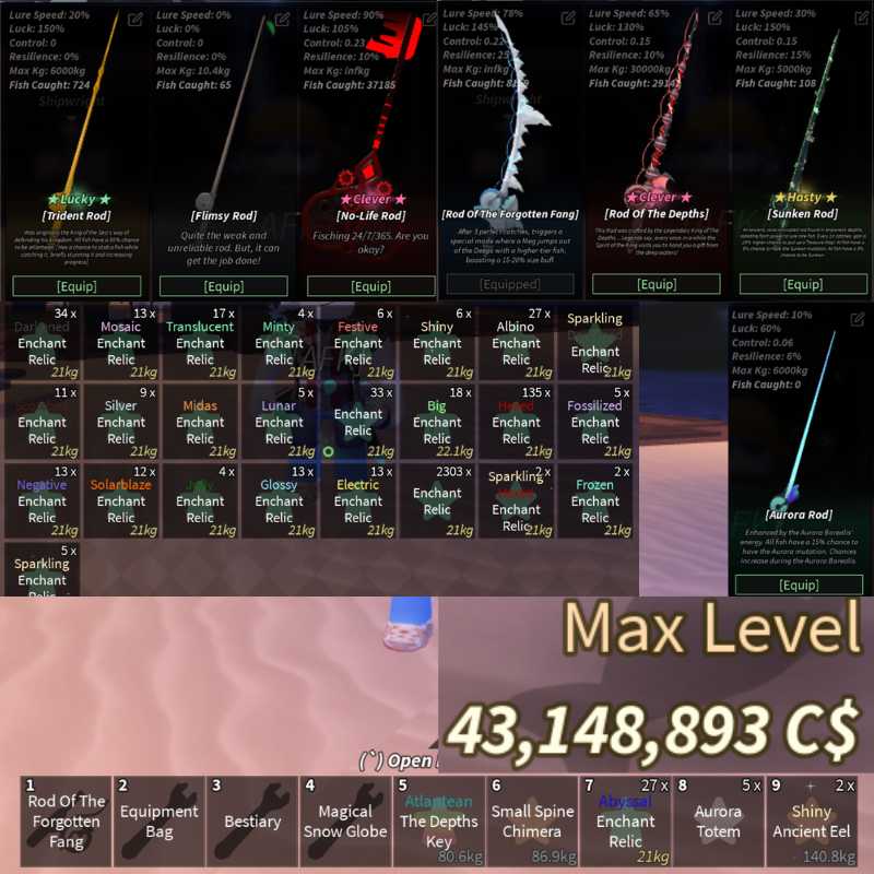 SALEID488Fisch: Level 750 Max 43M C$ - 135x Hexed Relic - Rod of the ...