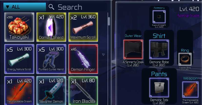 Jujutsu Infinite | Level 420 | Domain Shard and Maximum Scroll Account | Special Grade Innate