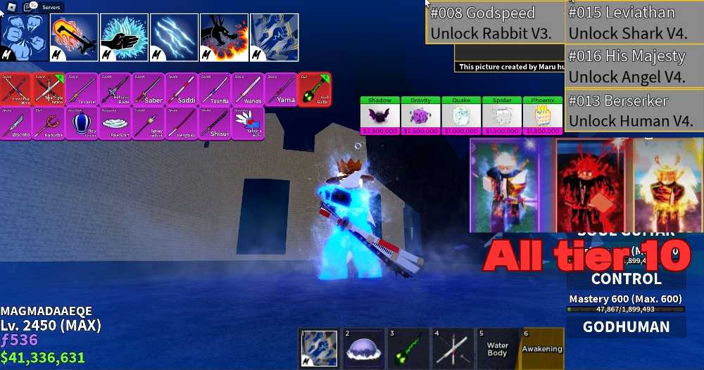 Race V4 Human V4 tier 10, Shark V4 tier 10, Sky V4 Tier 10