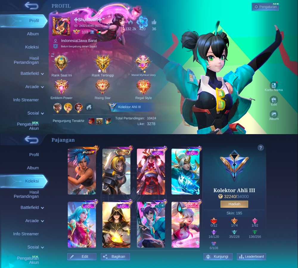 [Moonton]| 126 Hero(max)|level account 133 | 195 Skins|Kof Karina |epic freya|epic yin Shun sin ...