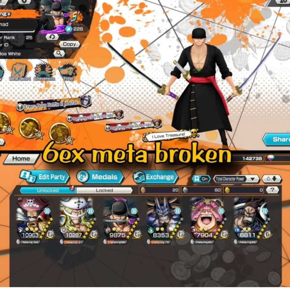 6 Ex(Roger v2 Max,Whitebeard 95,Zoro 85,Hybrid Kaido 72,Big Mom V2 60,Def Kaido 60) 140 Support ...