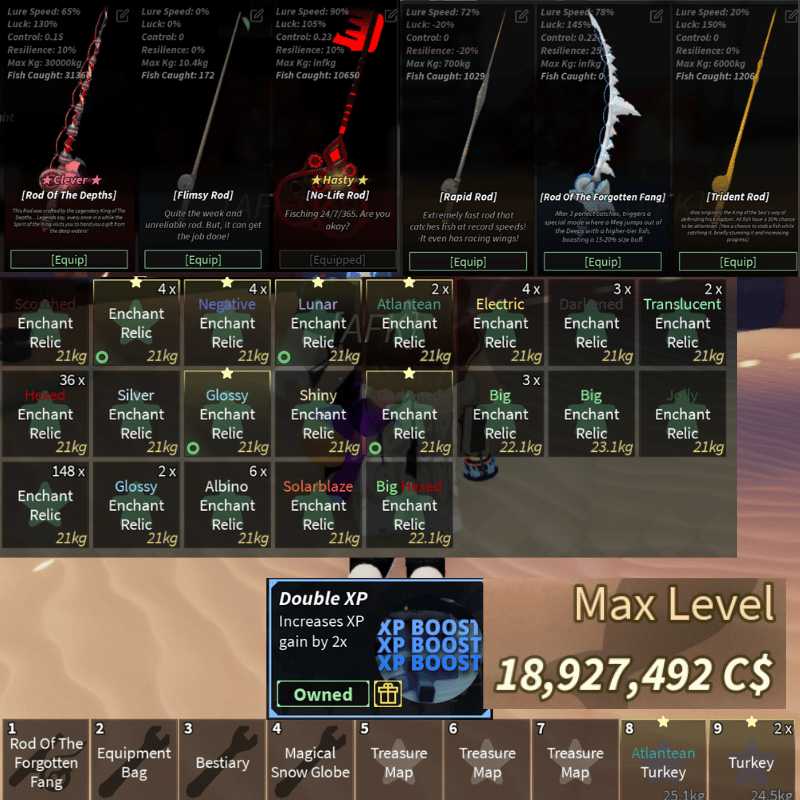 SALEID345Fisch: Level 750 Max 15M7 C$ X2 Exp - 37x Hexed Relic - Rod of ...
