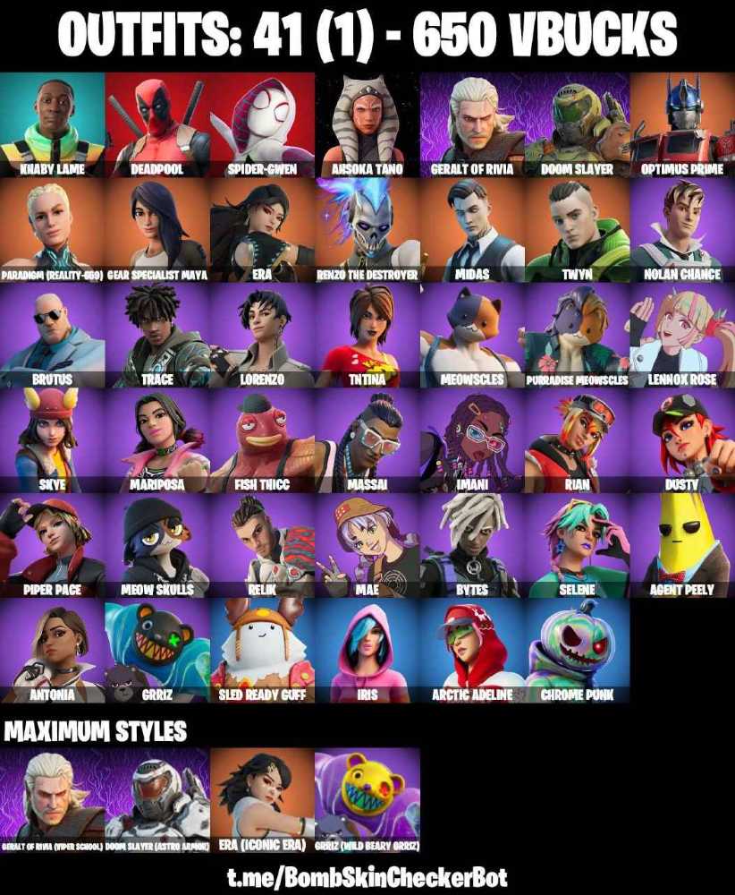 41 SKINS+ASTROWORLD CYCLONE+AHSOKA TANO+SPIDER-GWEN+MAYA+ERA(MAX ...