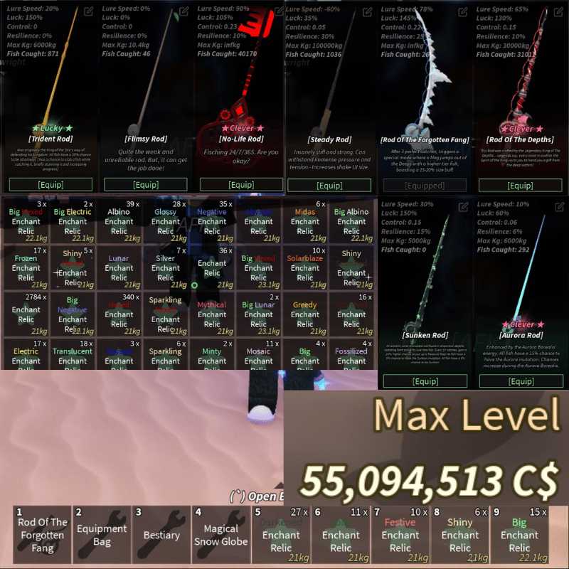 SALEID408Fisch: Level 750 Max 55M C$ - 340x Hexed Relic - Rod of the ...