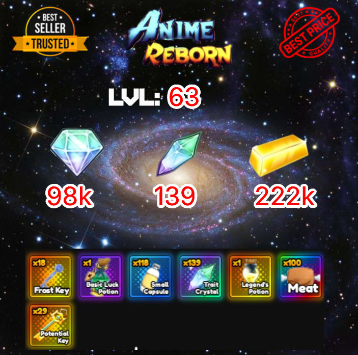 [Auto Delivery]ID 530 - Lv63 - 98K Gems, 139 Traits Crystal,Anime Reborn